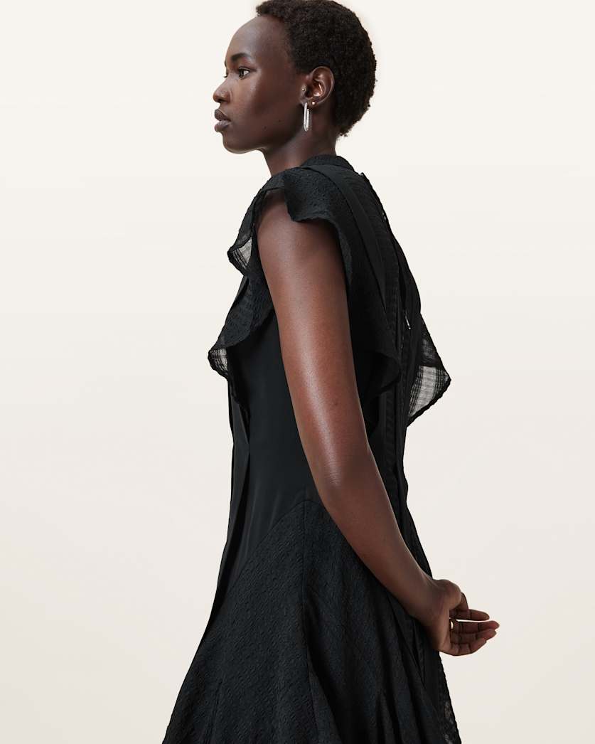 Fleur Textured Asymmetric Hem Dress Black | ALLSAINTS